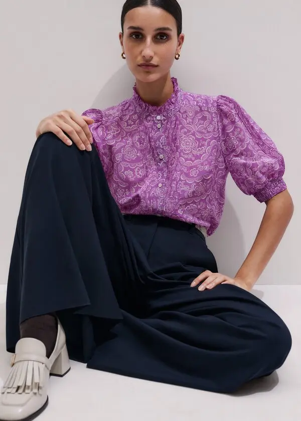 ME+EM Silk Cotton Lace Print Blouse - Purple/light Cream