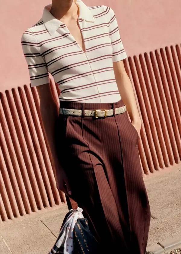 ME+EM Striped Slim Tee With Zip - Cream/brown