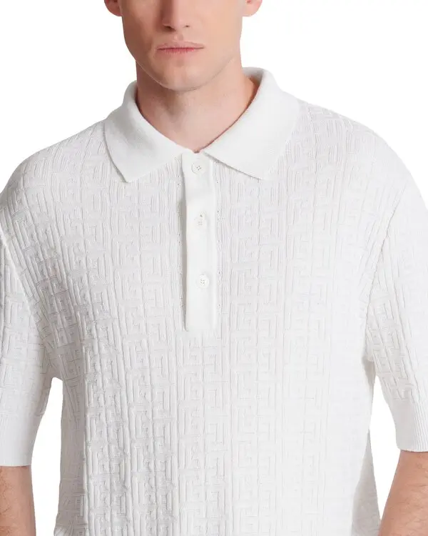 Balmain Merino Wool Blend Monogram Knit Polo