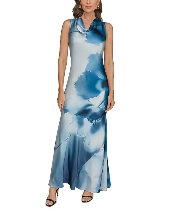 Donna Karan New York Printed Charmeuse Cowl Neck Gown