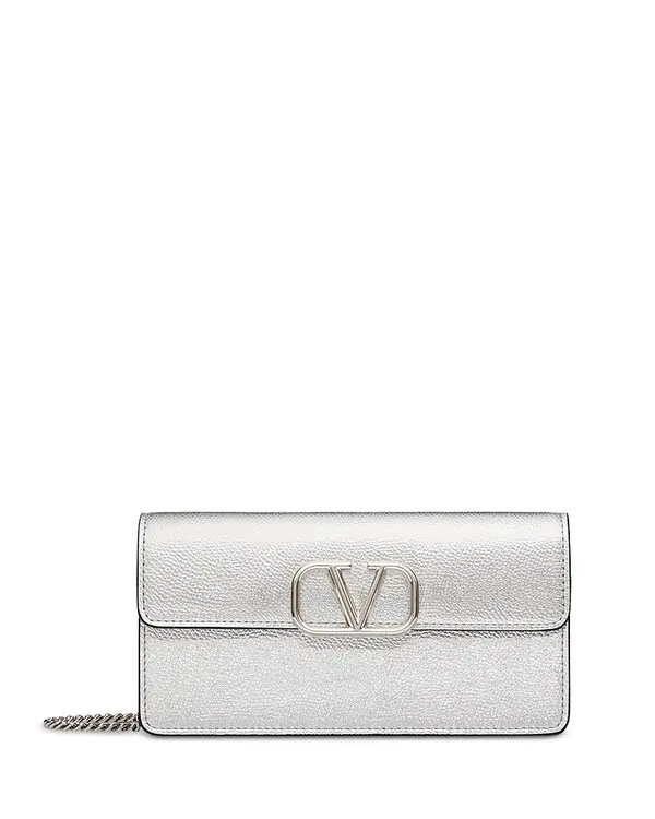 Valentino Garavani Vlogo Signature Metallic Wallet With Chain - Silver