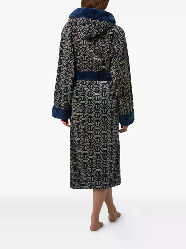 Philipp Plein Hooded Patterned Bath Robe - Blue