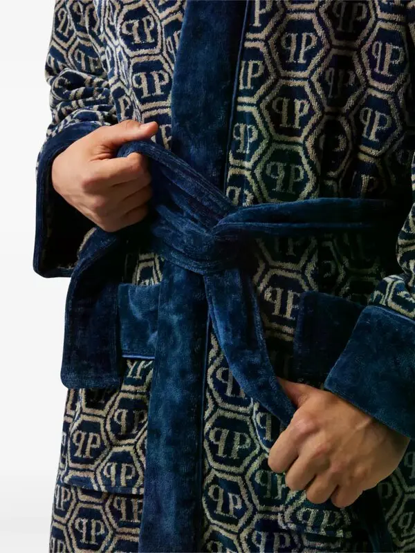 Philipp Plein Hooded Patterned Bath Robe - Blue