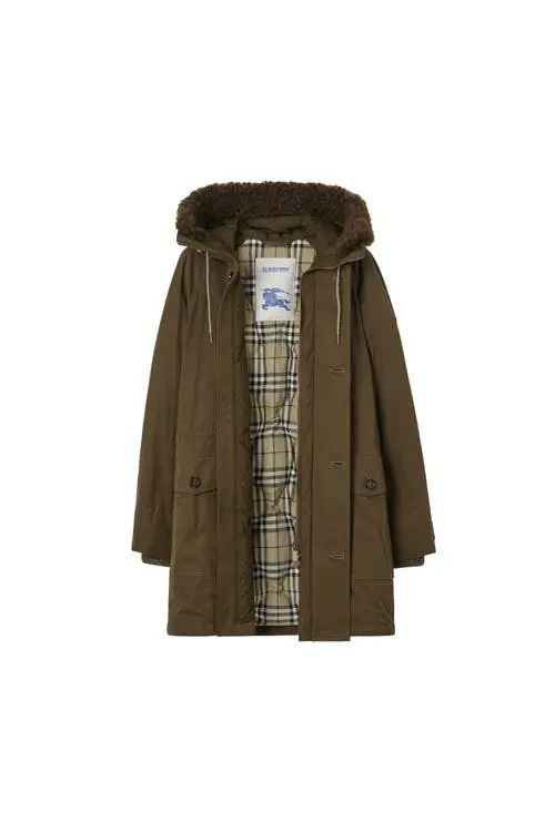Burberry Shearling Trim Gabardine Parka - Juniper Green