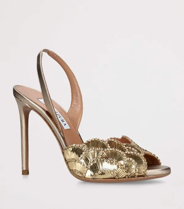 AQUAZZURA Metallic Leather Embellished High Heel Mules