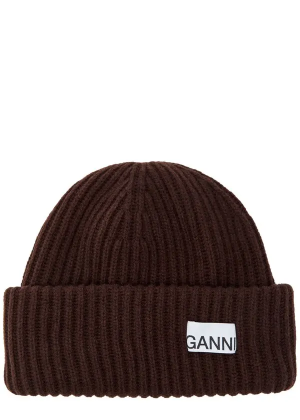 GANNI Logo Appliquéd Ribbed Wool-blend Beanie - Brown