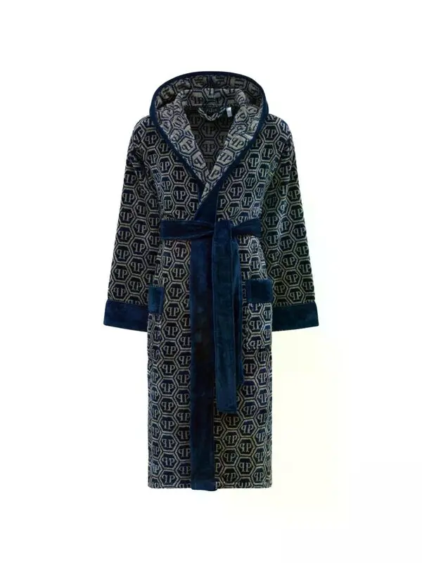 Philipp Plein Hooded Patterned Bath Robe - Blue