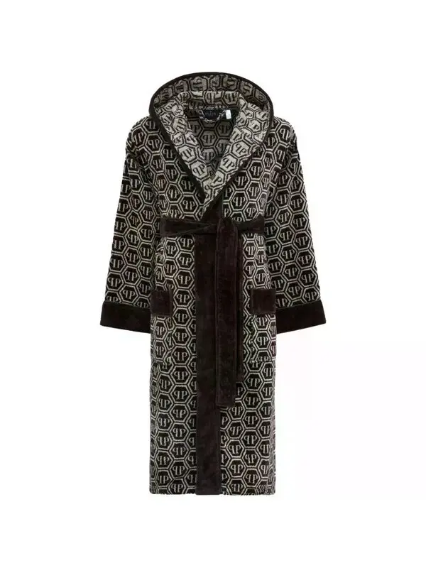 Philipp Plein Hooded Geometric-pattern Bath Robe - Brown