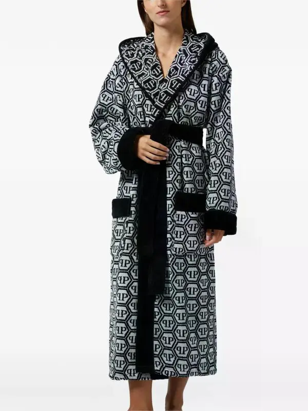 Philipp Plein Hooded Print Bath Robe - White