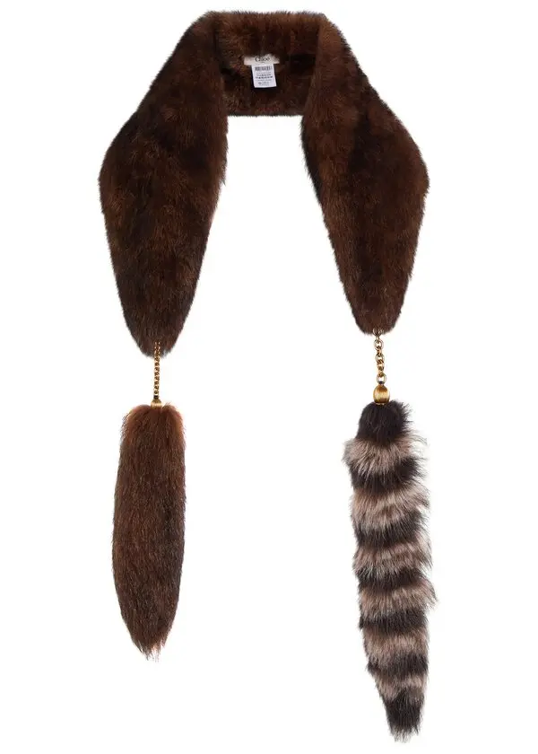 Chloé The Treasure Tails Shearling Scarf - Dark Brown