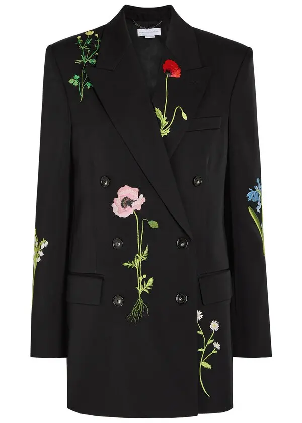 Stella McCartney Boyfriend Floral-embroidered Wool Blazer - Black