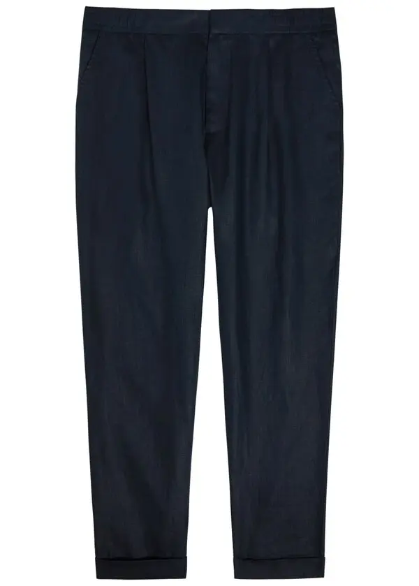 CHE Tapered-leg Cropped Linen Trousers - Navy