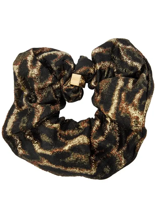 GANNI Leopard-print Metallic Cloqué Scrunchie - Khaki