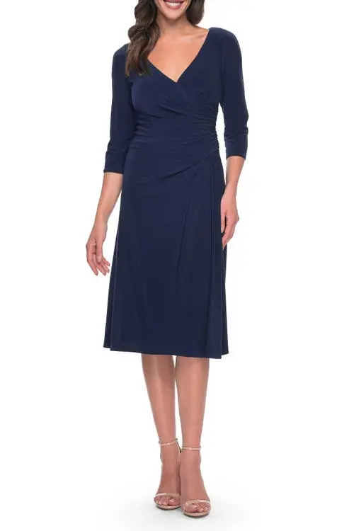 La Femme Jersey Tea Length Dress With Ruching - Navy