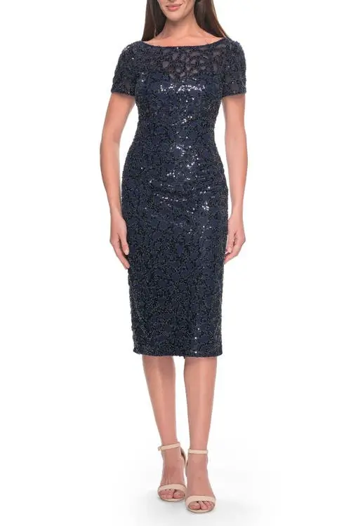 La Femme Short Evening Dress With Beaded Sequin Design - Navy