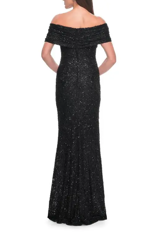 La Femme Off-the-shoulder Beaded Lace Gown