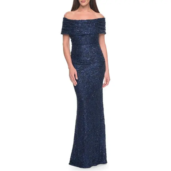 La Femme Off-the-shoulder Beaded Lace Gown - Navy