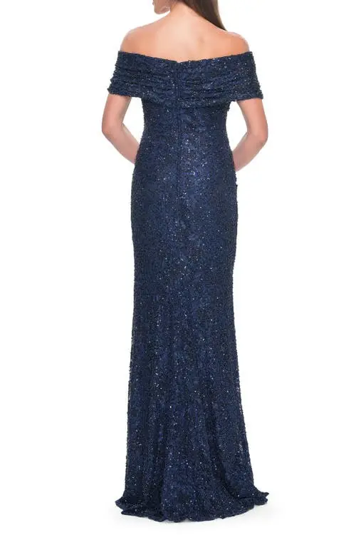 La Femme Off-the-shoulder Beaded Lace Gown - Navy
