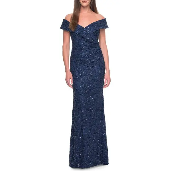 La Femme Off-the-shoulder Beaded Lace Gown - Navy