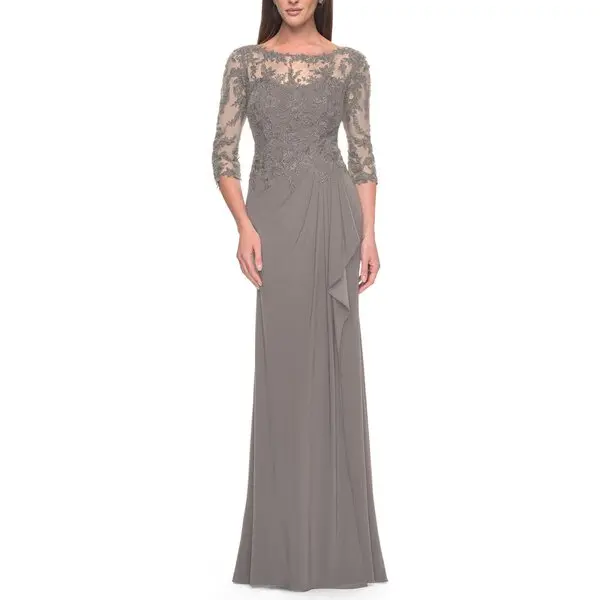 LABOMME Long Evening Gown With Lace Illusion Sleeves - Platinum