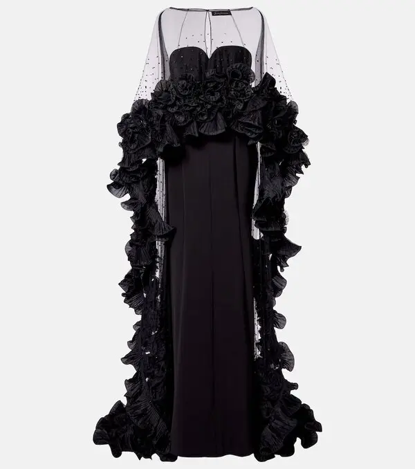 Jenny Packham Ruffled Caped Gown - Black