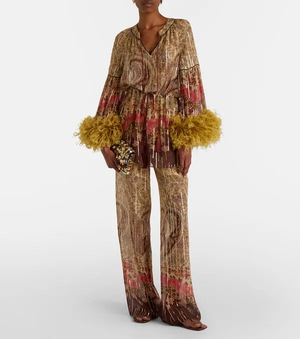 Valentino Garavani Paisley Feather-trimmed Silk-blend Blouse - Multicoloured