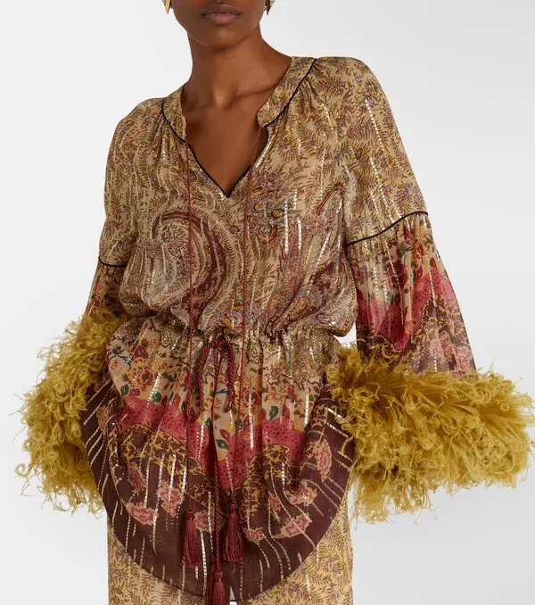 Valentino Garavani Paisley Feather-trimmed Silk-blend Blouse - Multicoloured