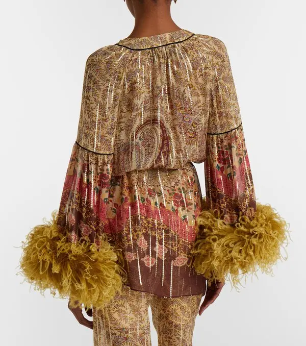 Valentino Garavani Paisley Feather-trimmed Silk-blend Blouse - Multicoloured