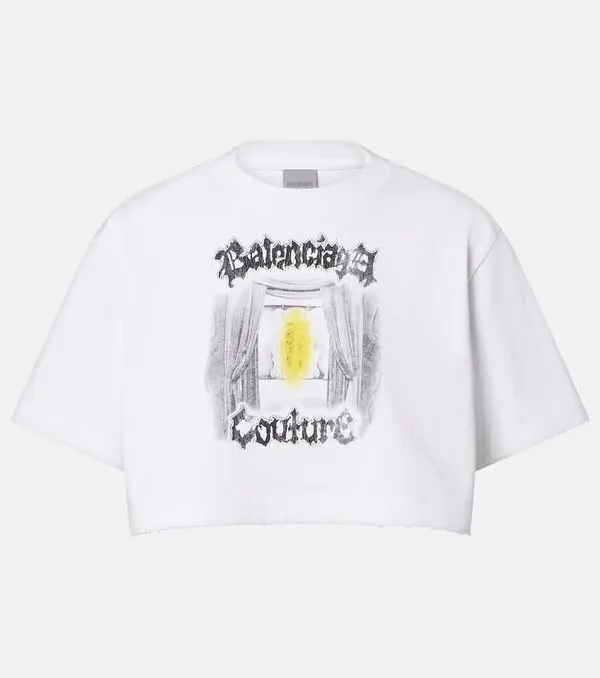 Balenciaga Printed Cropped Cotton Jersey T-shirt - White