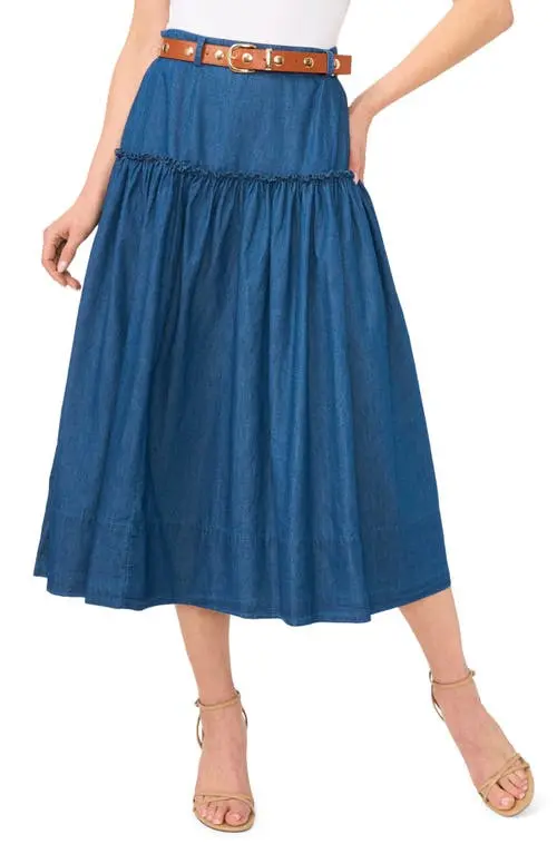 CECE DUPRAZ Tiered Belted Denim Midi Skirt