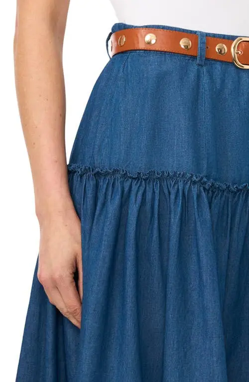 CECE DUPRAZ Tiered Belted Denim Midi Skirt - Mid Indigo