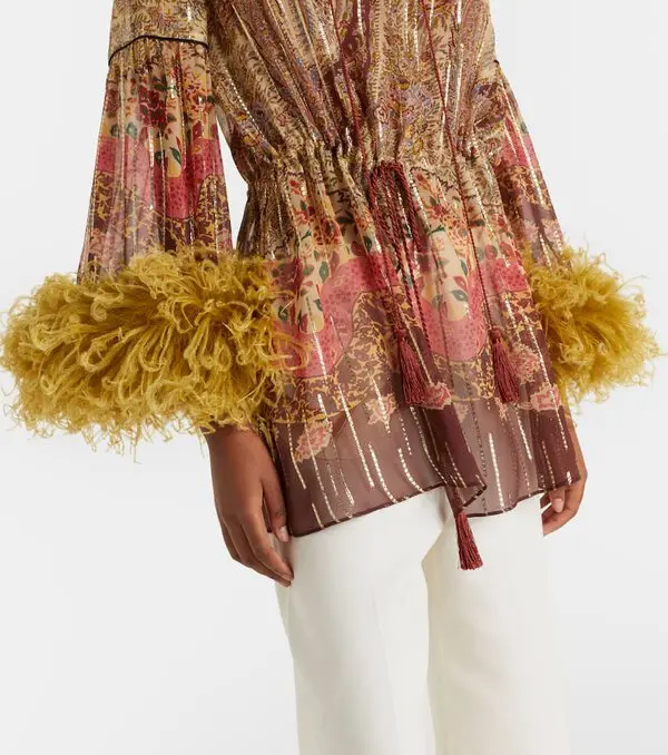 Valentino Garavani Paisley Feather-trimmed Silk Blend Blouse - Multicoloured