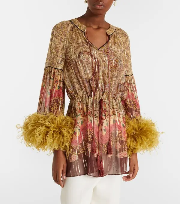 Valentino Garavani Paisley Feather-trimmed Silk Blend Blouse - Multicoloured