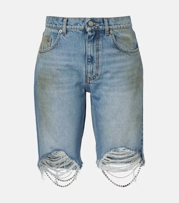 AREA Distressed Embellished Denim Shorts