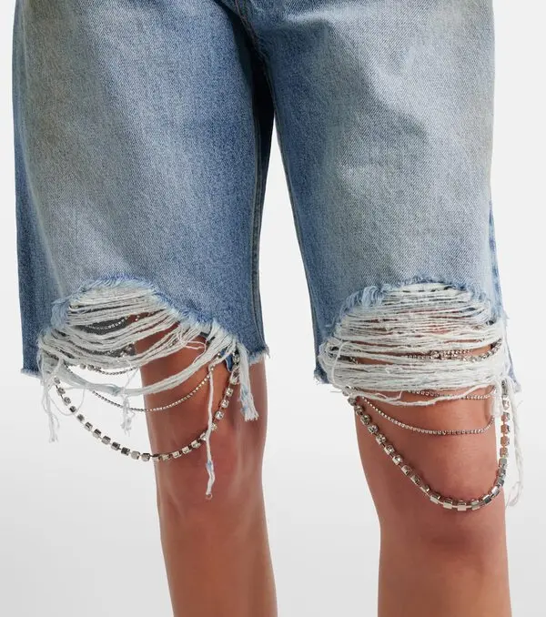 AREA Distressed Embellished Denim Shorts