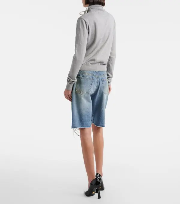 AREA Distressed Embellished Denim Shorts