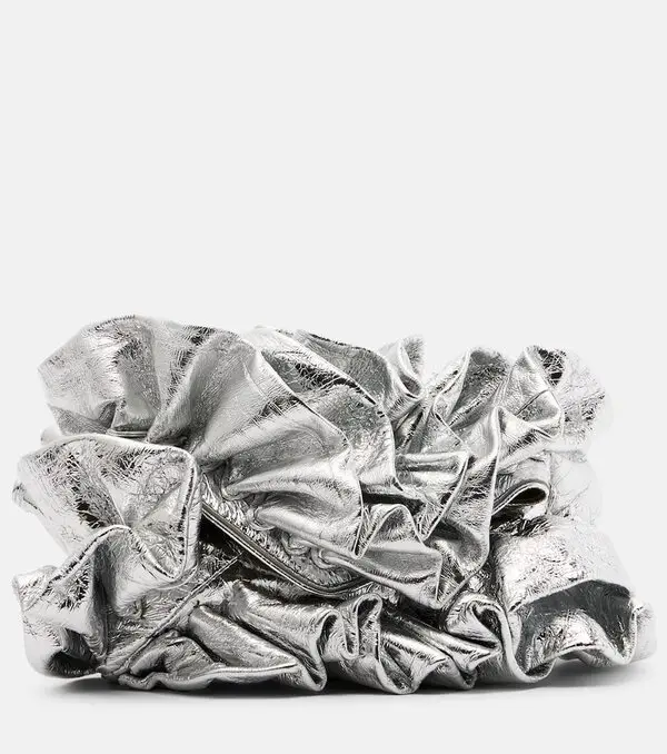 Dries Van Noten Ruffled Metallic Leather Clutch - Silver