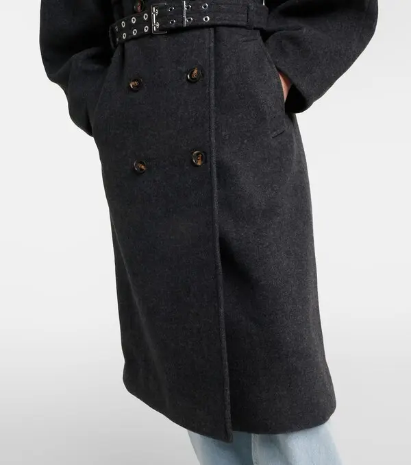 GANNI Belted Wool-cashmere Coat - Grey