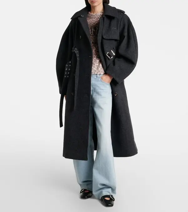 GANNI Belted Wool-cashmere Coat - Grey