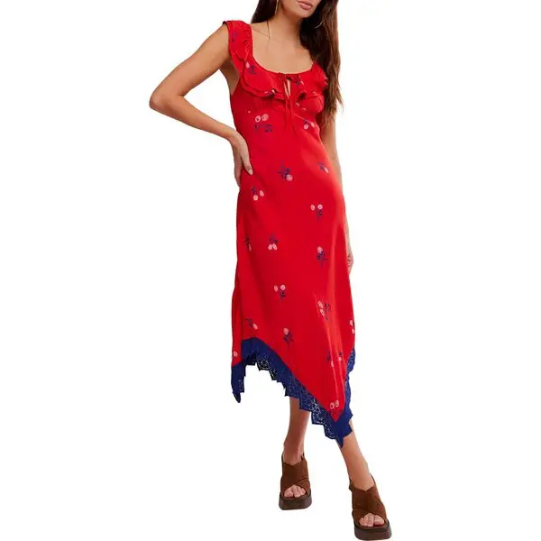 Free People Flock Together Floral Handkerchief Hem Midi Dress - Cherry Combo