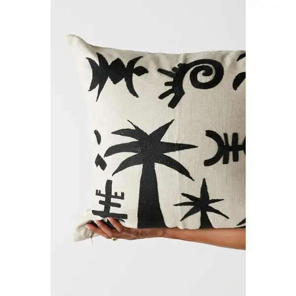 KANJU INTERIORS Keiskamma Linen & Silk Embroidered Throw Pillowwith Insert - Black Linen
