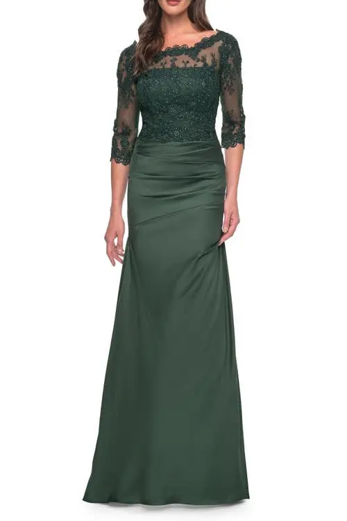 LABOMME Satin And Lace Off The Shoulder Mermaid Gown - Dark Emerald