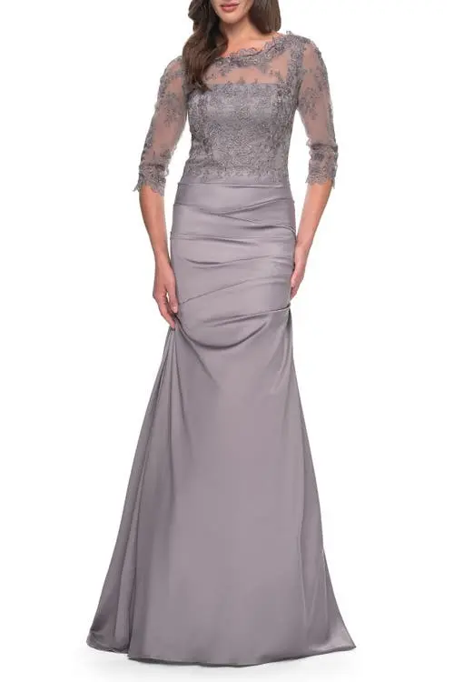 LABOMME Satin And Lace Off The Shoulder Mermaid Gown - Silver