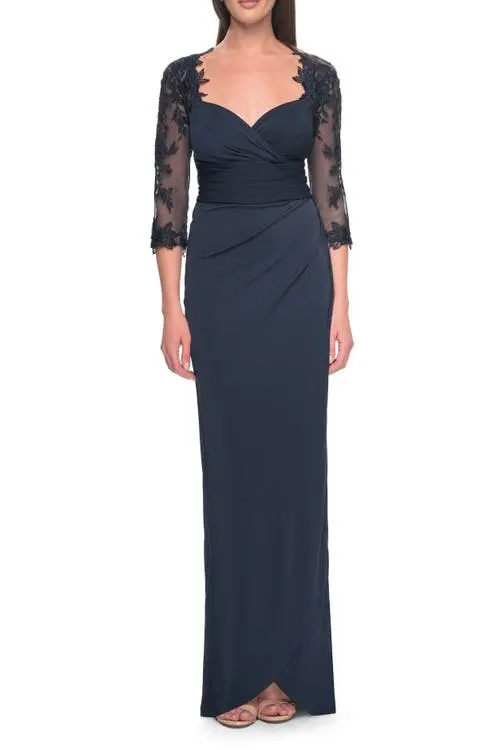 La Femme Long Jersey Evening Dress With Lace Sleeves - Navy