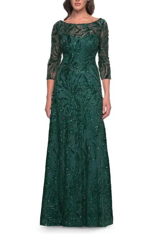 La Femme Beaded Long Dress With Illusion Sleeves - Emerald
