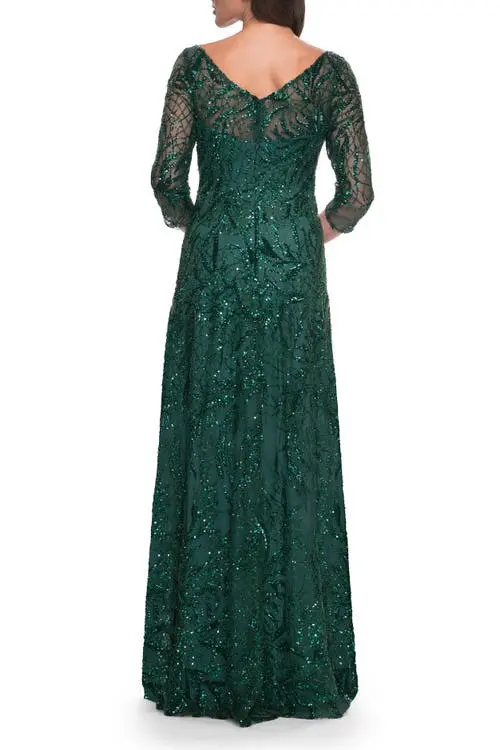 La Femme Beaded Long Dress With Illusion Sleeves - Emerald