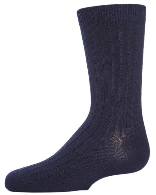 MEMOI Essential Ribbed Mercerized Crew Socks - Navy