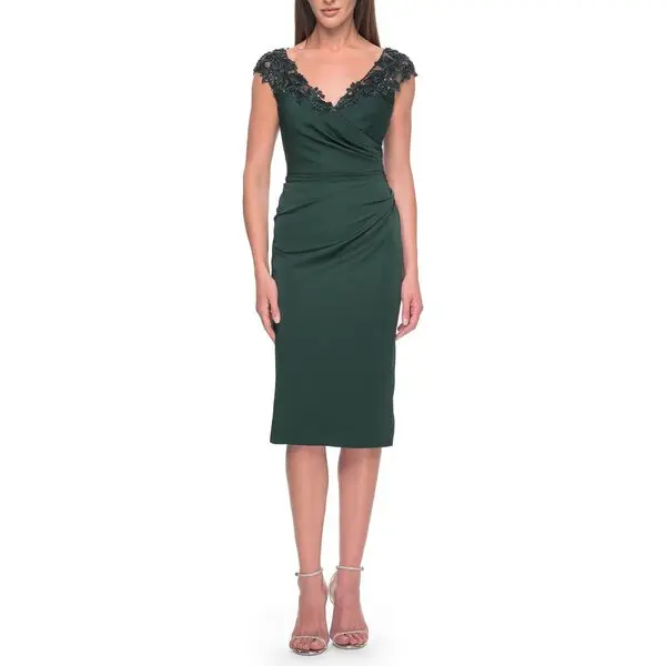 La Femme Satin Dress With Beaded Details - Emerald