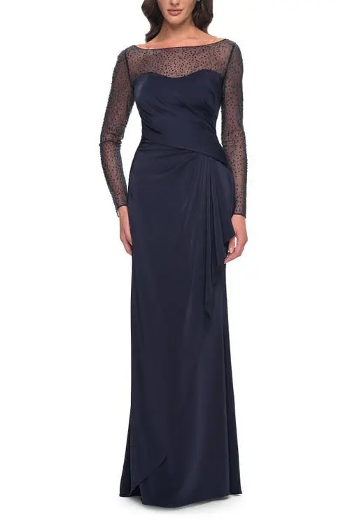 La Femme Long Evening Dress With Ruching And Rhinestone Illusion Top - Navy