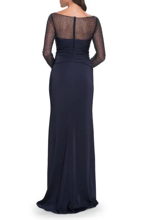 La Femme Long Evening Dress With Ruching And Rhinestone Illusion Top